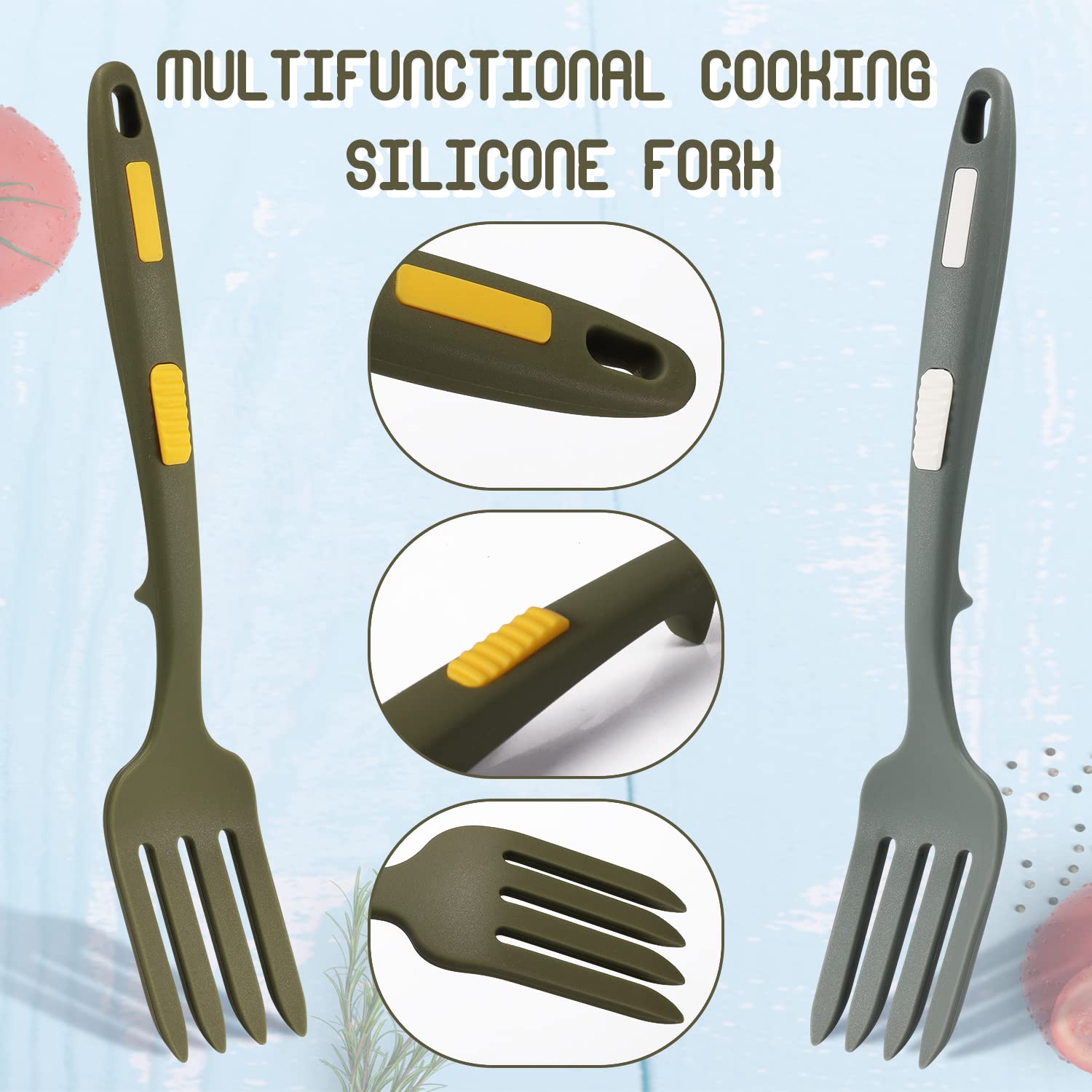 2pcs Silicone Flexible Forks, Large Silicone Cooking Fork Heat Resistant, Multifunctional Nonstick Blending Fork for Cooking Utensil for Kitchen Stir Mix Mash (Gray Green, Dark Green)