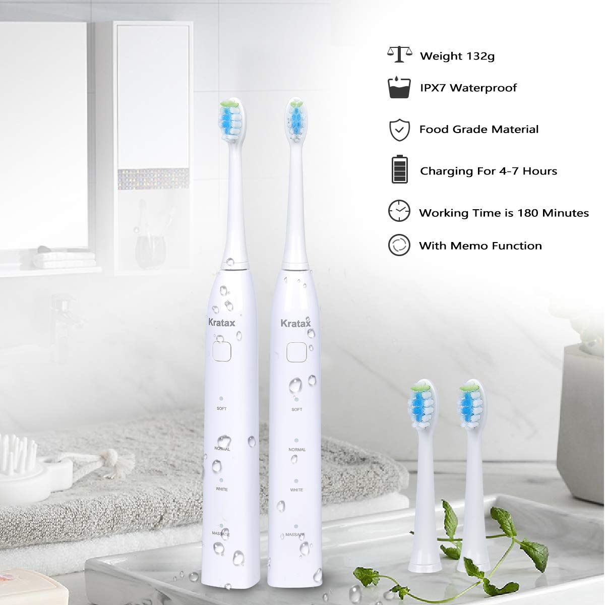 Kratax Sonic Electric Toothbrush for Adults, USB Rechargeable Toothbrush with 2 Replacement Heads, 4 Modes with 2 Minutes Smart Timer, IPX7 Waterproof -Modern Electric Toothbrush (White)