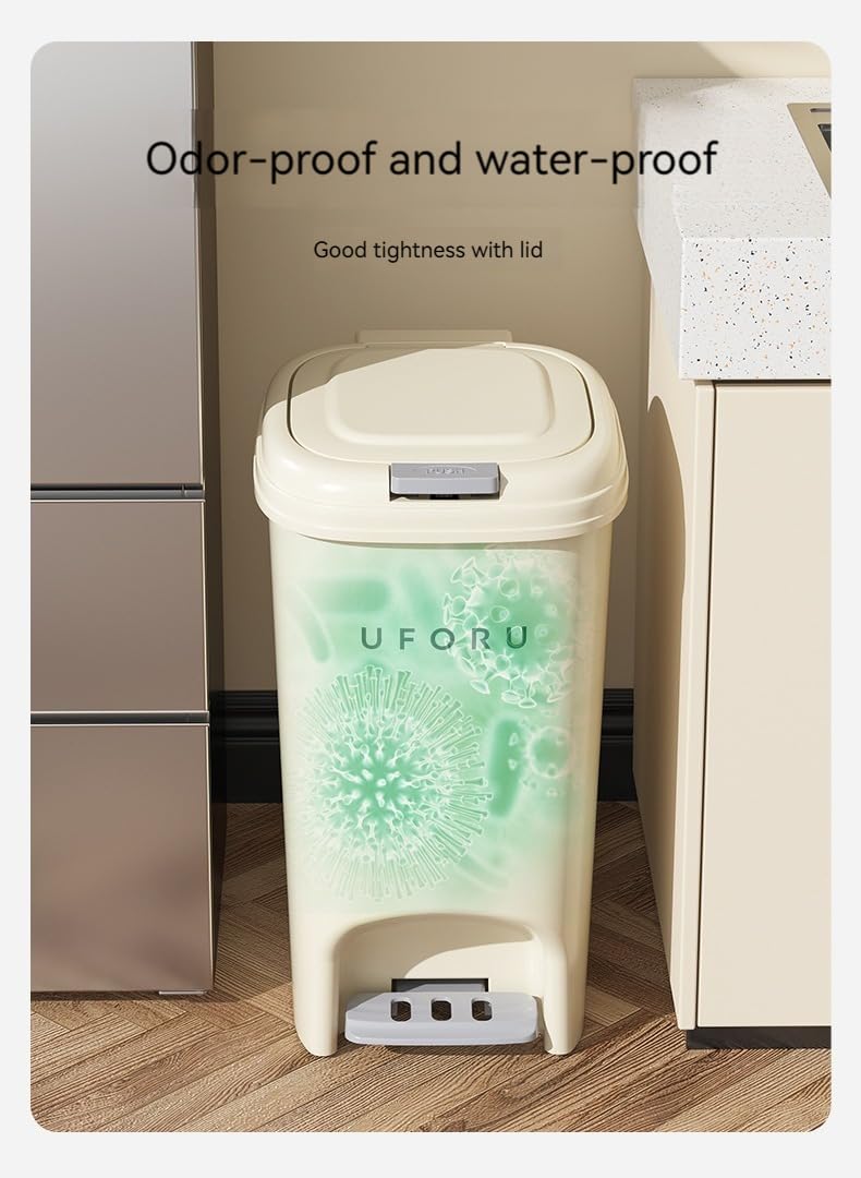 Kitchen Trash Can 6 Gallon Odor Resistant Medium Plastic Trash Can Hands-Free with Pedal and Trash Bag Ring, 6 Gallon Milky White