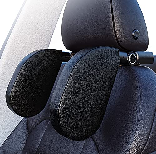 JOYBOOM Car headrest Pillow 2021 New Version,Upgraded with Hook,Road pal Detachable for Child in Long Trip,Head Neck Support Adjustable,Memory Foam U Shape Sleep Travel Protection, Leather Black