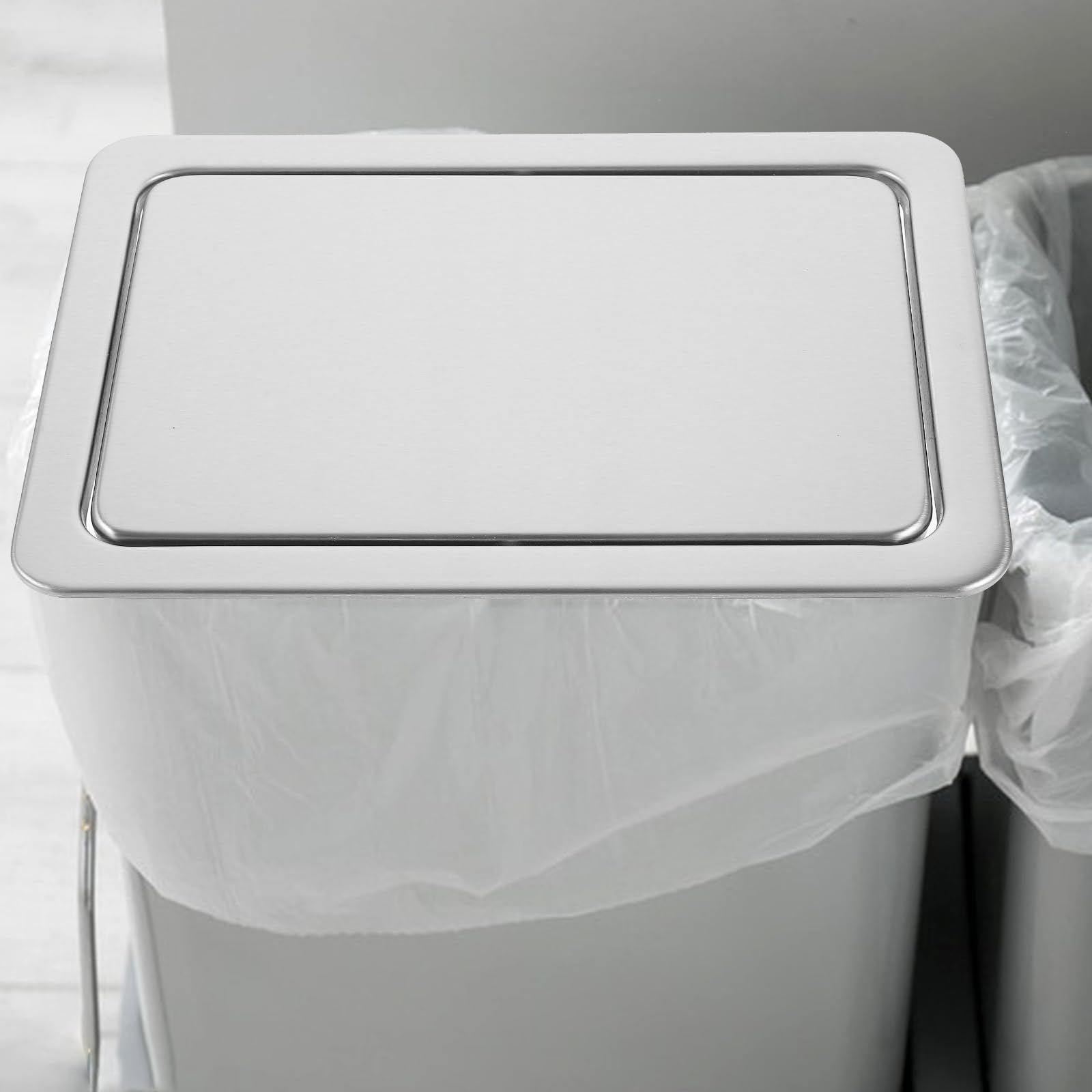 Amosfun Built-in Countertop Trash Bin Lid and Waste Chute Lid, Stainless Steel Balance Flap Cover, Silver Trash Grommet Swing Trash Can Lid Accessories 23X16.5X3.3CM