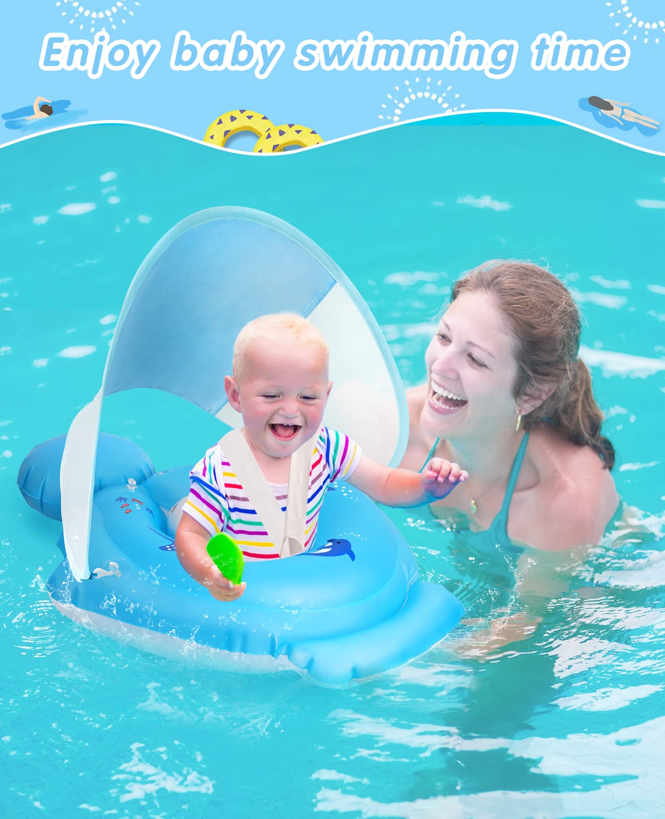 Baby Pool Float with Canopy, Baby Swimming Float Add Tail No Flip, Infant Pool Float, Inflatable Toddler Pool Float with Toys for Age of 3-36 Month (Large)
