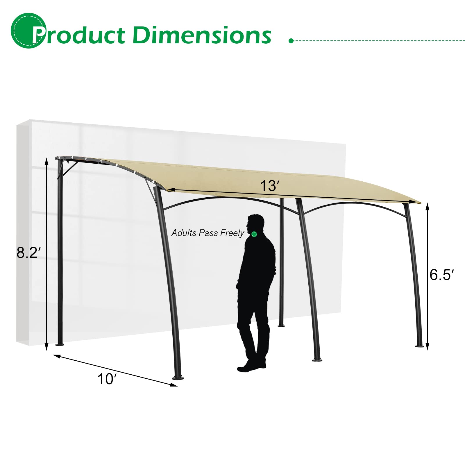 AECOJOY 13'x10' Sun Shade ,Wall Canopy Sunsetter Deck Awning Gazebo with Steel Stand,Outdoor Free Standing, for Porch,Patio,Backyard,Beige