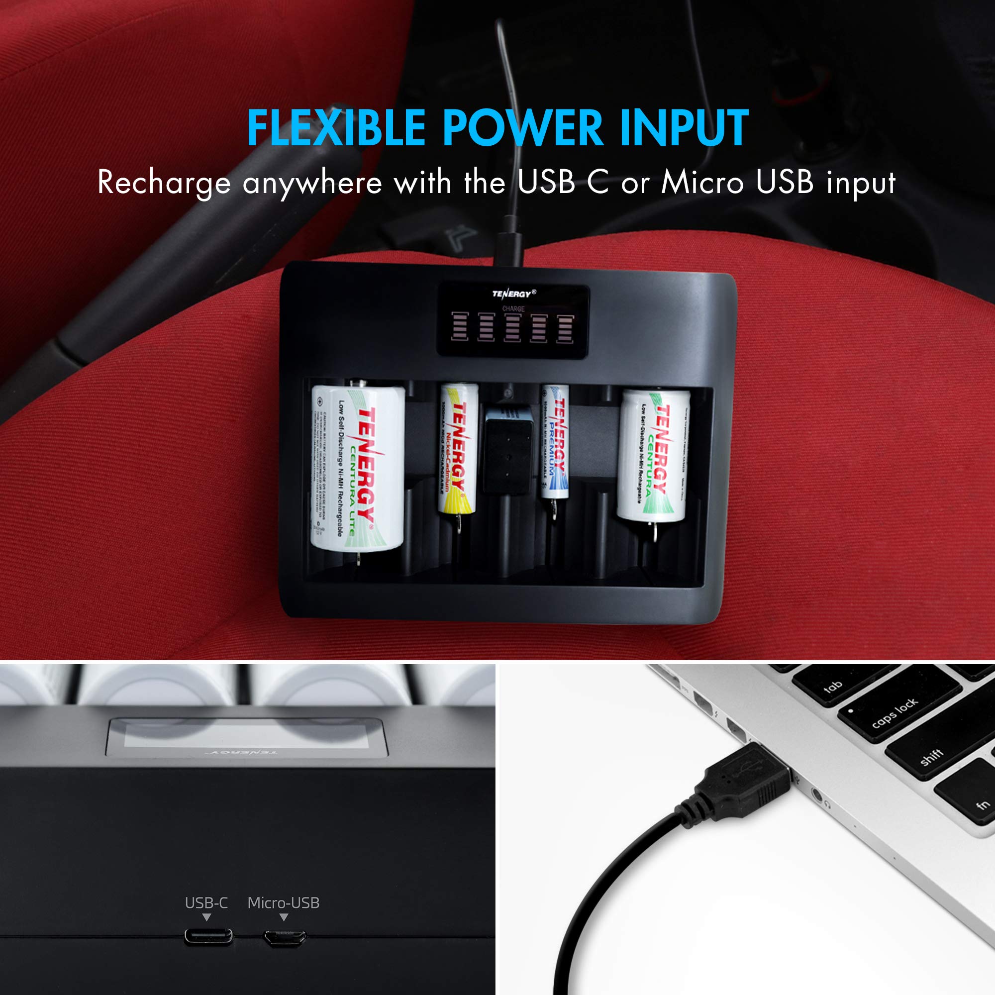 Tenergy TN486U 5-Bay Universal Battery Charger with LCD, Micro USB/Type C Input, for AA, AAA, C, D, and 9V Rechargeable Batteries