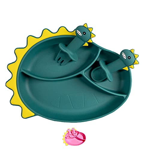 Silicone Suction Baby Plate With Spoon and Fork Dinosaur Baby Plate Set Baby Self Feed Utensils Baby Spoon Baby Fork Suction Plate