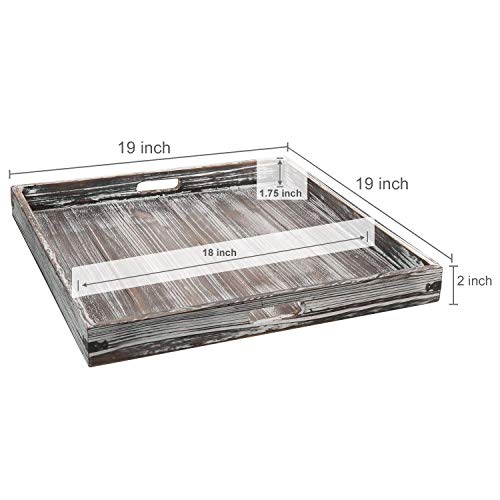 MyGift 19-inch Square Rustic Torched Wood Ottoman Tray with Vintage Metal Side Accent Wraps