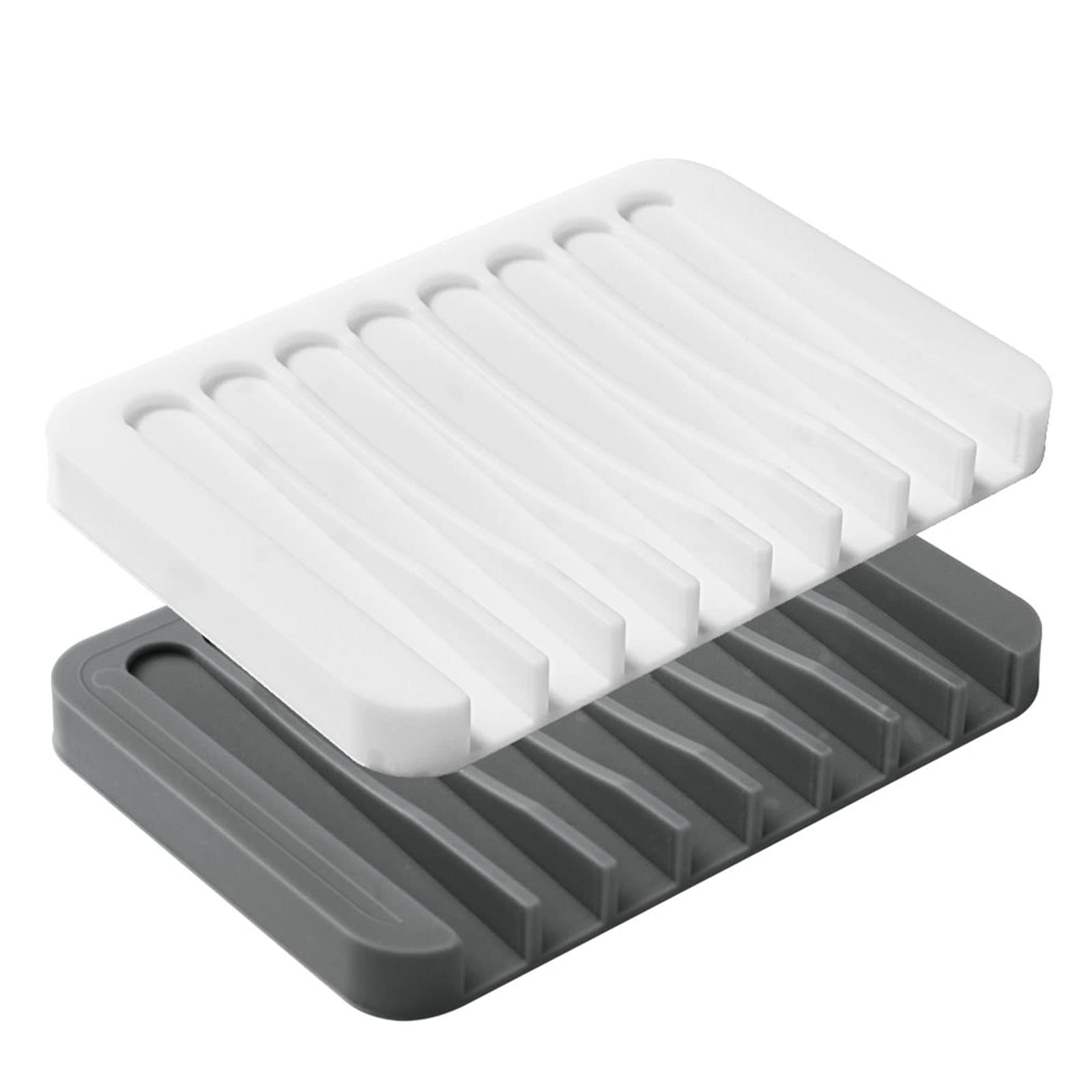 2PCS Soap Dish Holder, Premium Silicone Soap Dishes for Shower Bathroom Kitchen Sinks, Soap Tray Saver Drainer, Self-draining Waterfall, Non-Slip Design, Easy Cleaning (White, Gray)