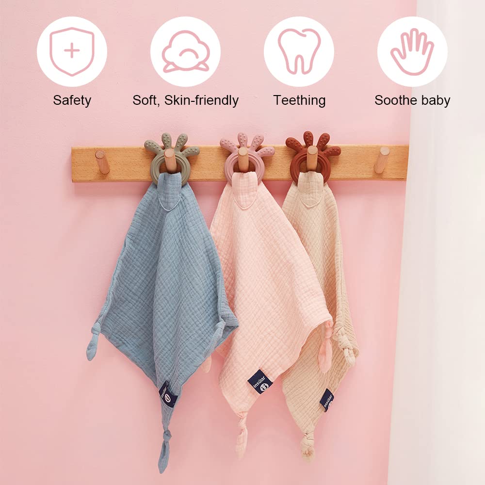 AmazingM Baby Muslin Security Blanket with Food Grade Silionce Teether,Soothe Teething Toy for Boys and Girls,100% Polyester (Blue)
