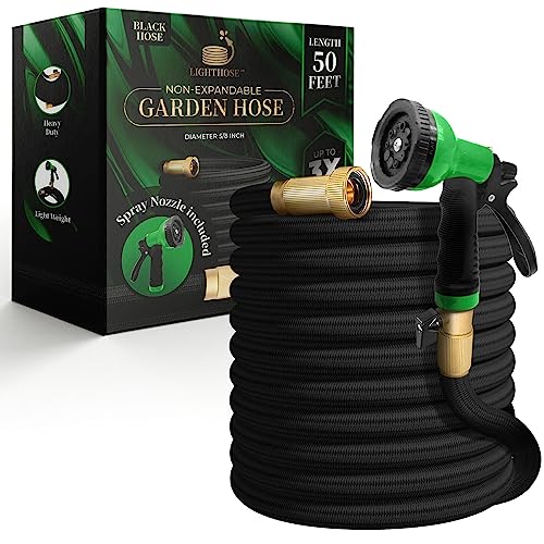 LightHose Garden Hose, NON-EXPANDABLE Garden Hose, Super Light Weight Hose, No Burst, 3/4 inch Solid Brass Connectors, 50 Ft, Black