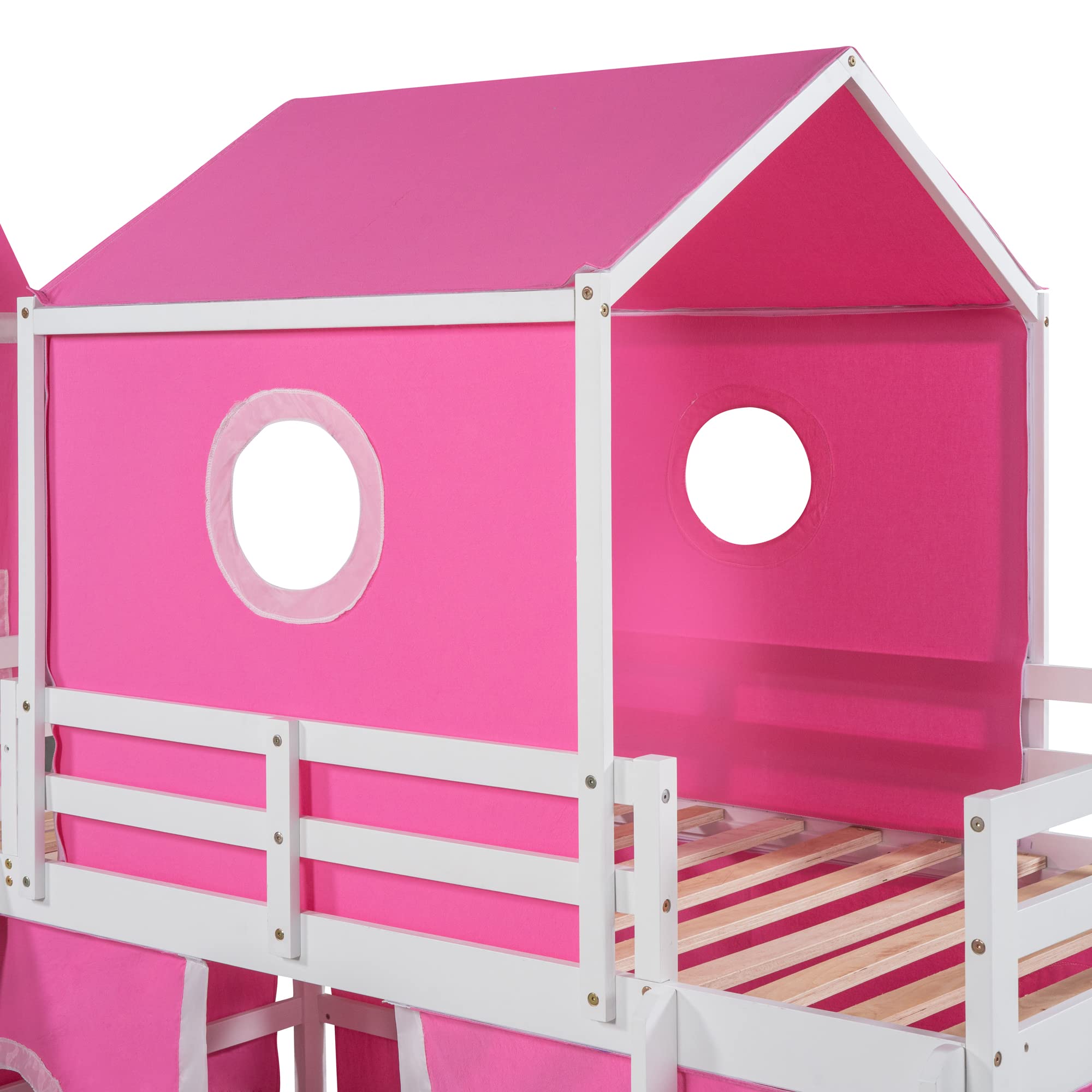 Harper & Bright Designs House Loft Bed with Slide and Tent, Twin Size Loft Bed with Small Pinnacle and Ladders, Wood Bunk Bed, Playhouse Bed Frame for Kids, Teens, Boys & Girls (Twin Size, Pink)