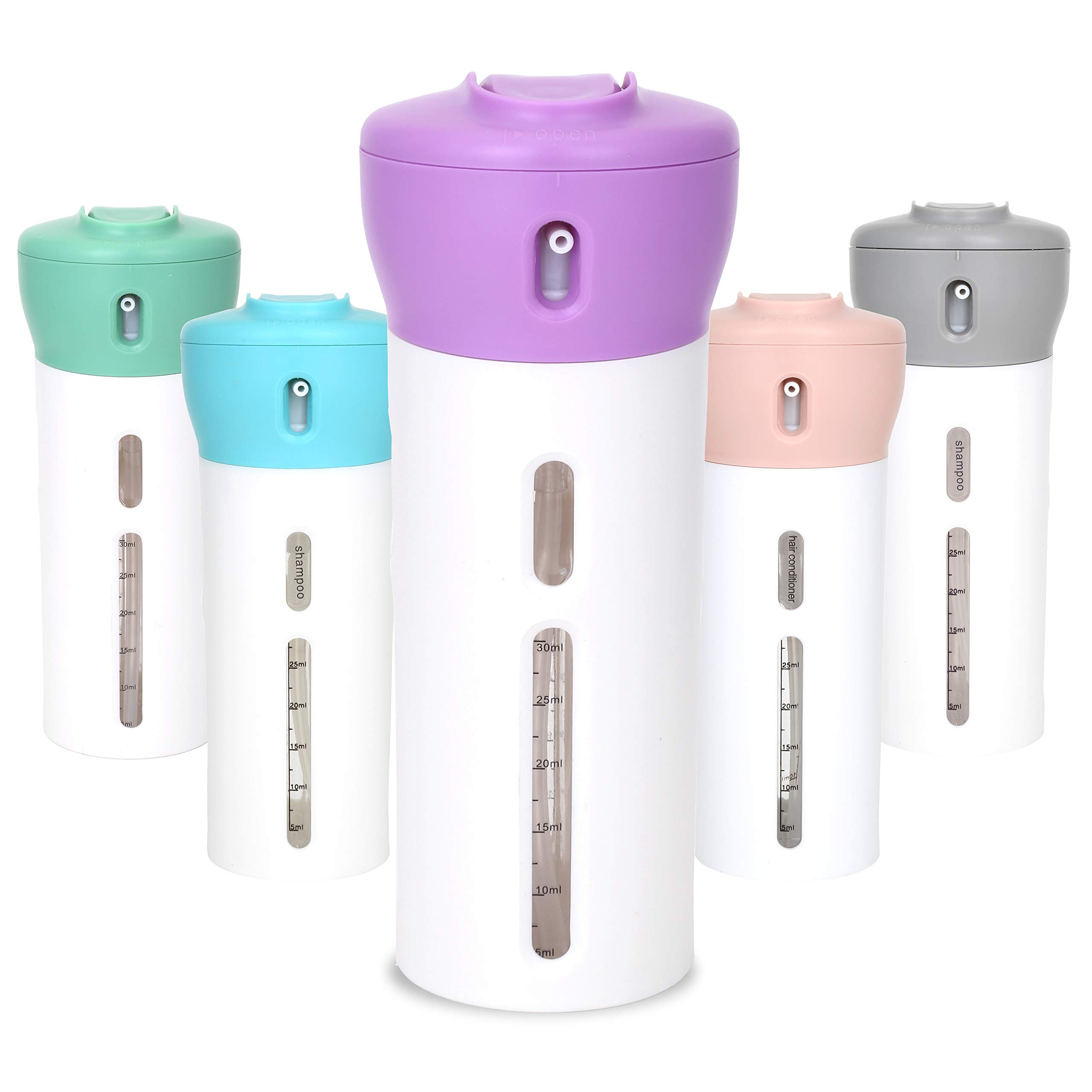 Travigo 4-in-1 Travel Dispenser Bottle, TSA Approved,Includes Four Empty Reusable 1.4 oz. (40 mL) Cosmetic Toiletry Containers for Sanitizer, Soap, Lotions, Skincare, Makeup Products (Purple)