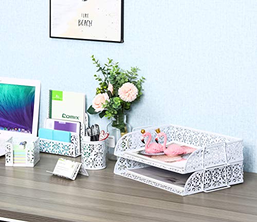 EasyPAG 5 in 1 Desk Organizer Set - 2 Tier Stackable Desk Tray,Letter Sorter, Pen Holder,Business Card Holder and Stick Note Holder,White