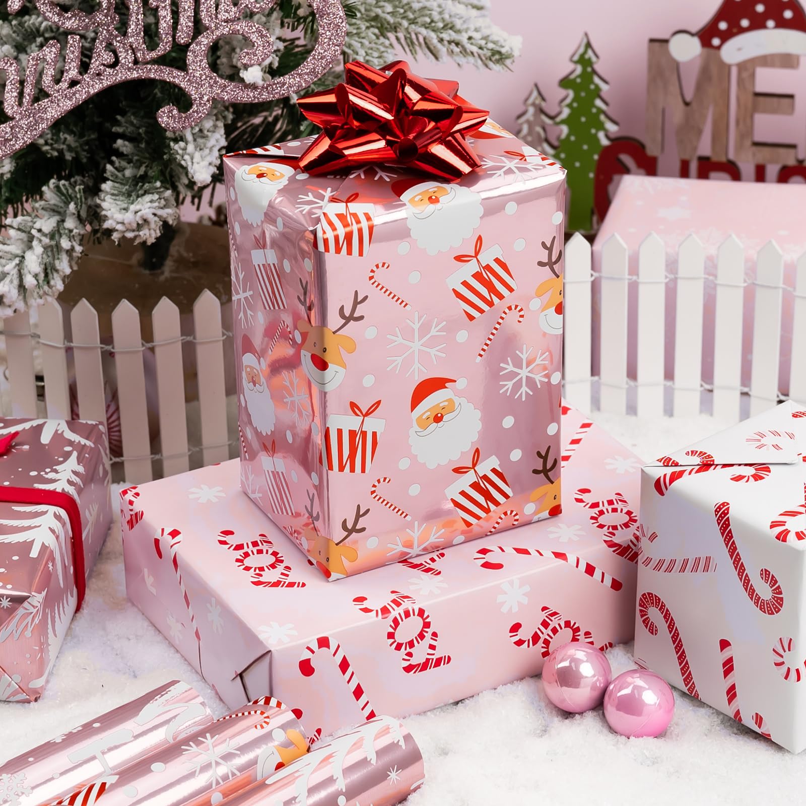 Afucus Reversible Pink Christmas Wrapping Paper, Christmas Tree, Joy Candy Cane, Snowflake, Reindeer, and HO Santa Laughter Themed Gift Wrap Paper, Mini Rolls for Christmas (17 Inch X 120 Inch)