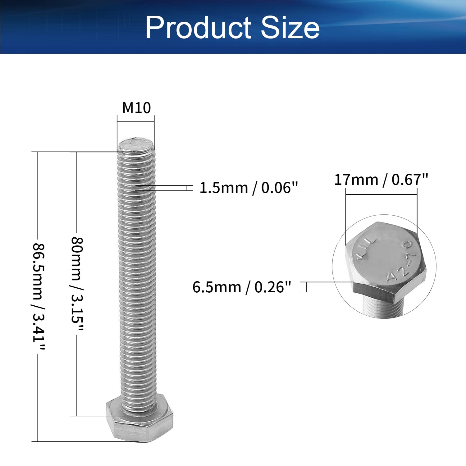 Yinpecly M10 Hex Bolt M10-1.5 x 80mm UNC Hex Head Screw Bolts 304 Stainless Steel Fully Threaded Hex Tap Bolts 4pcs