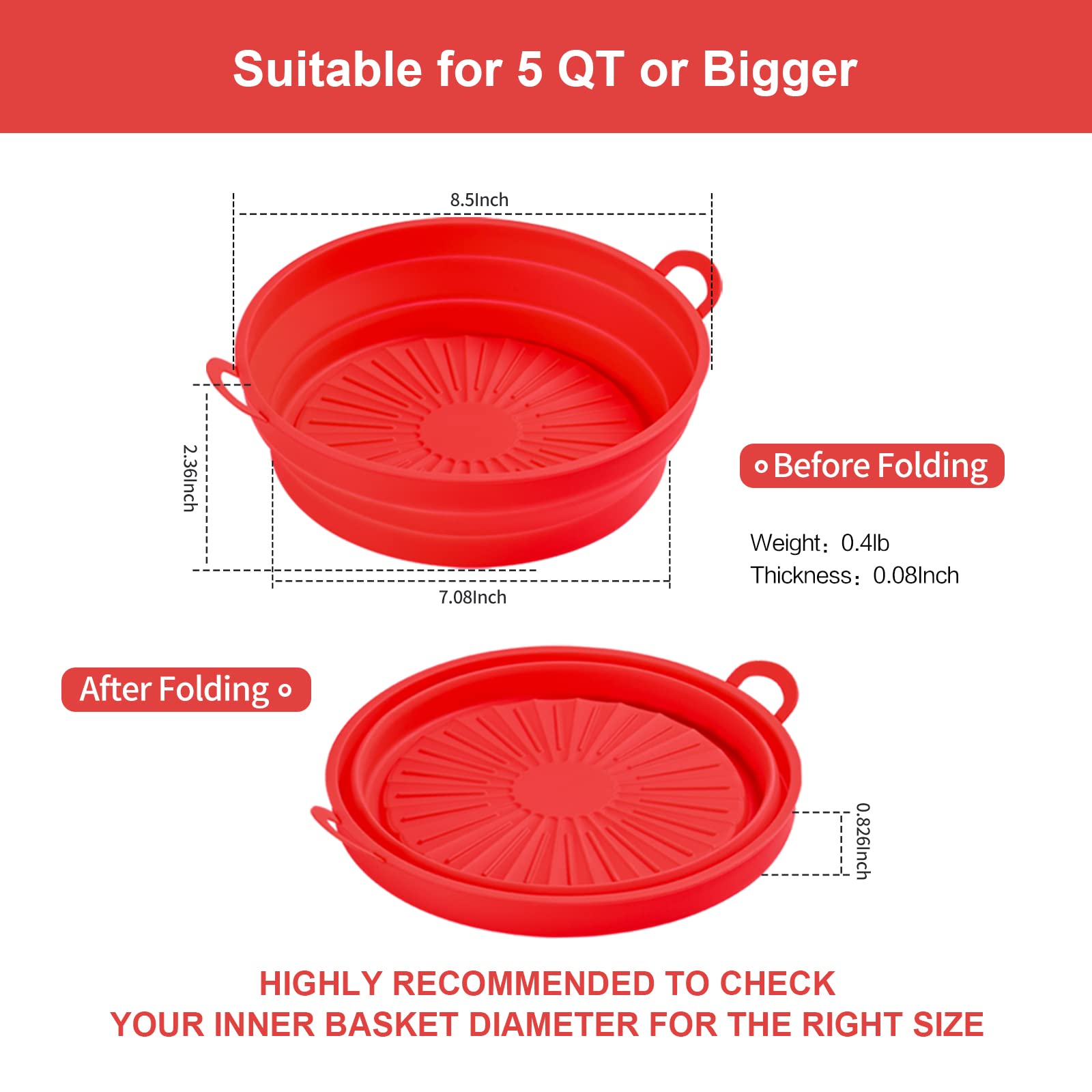 Air Fryer Silicone Liners - Reusable & Foldable Round Airfryer Oven Silicon Basket Instant Pot Liner 8.5 Inch For 5.3QT or Bigger
