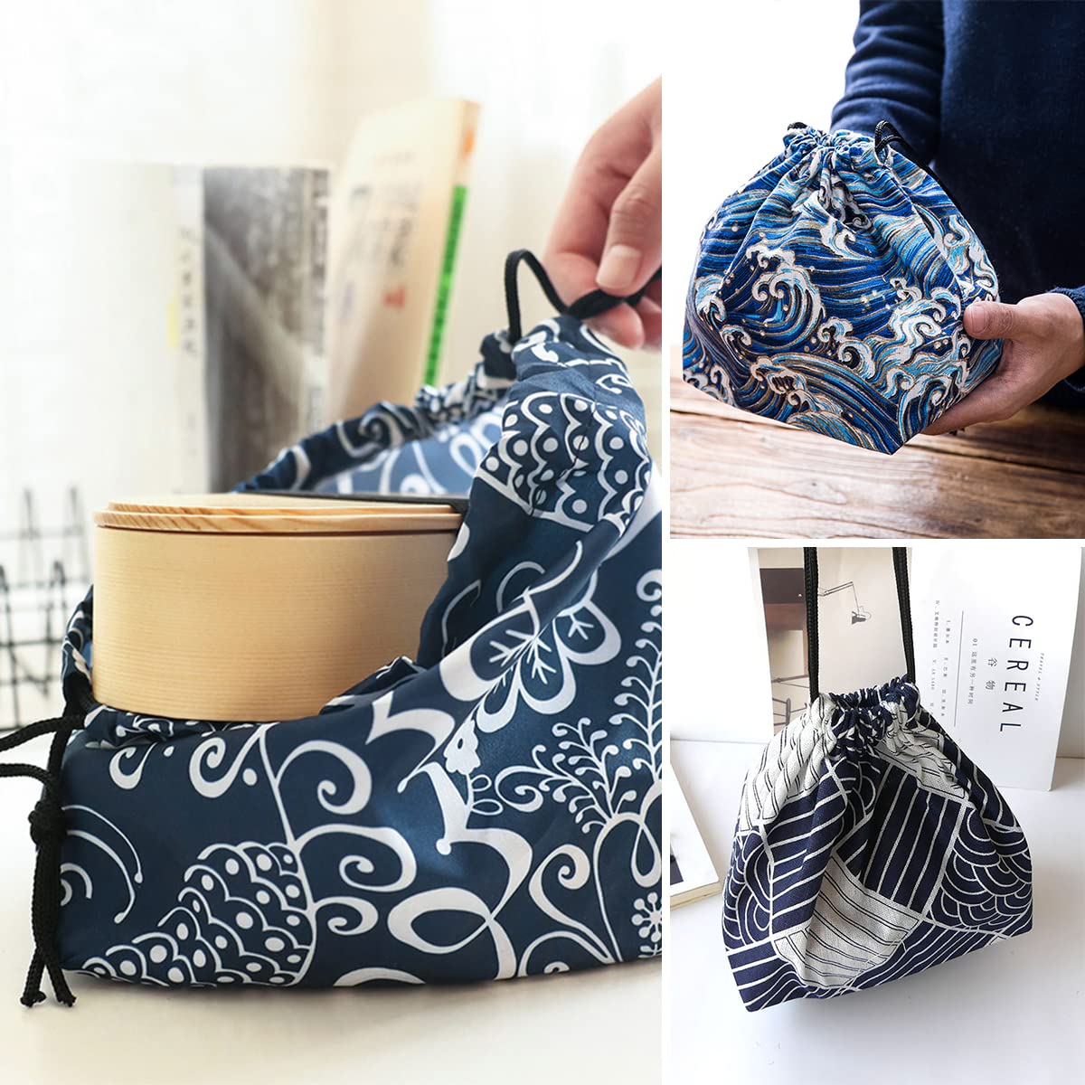 3PCS Lunch Tote Bag Japanese Style Drawstring Bento Pouch Portable Bento Storage Bag for Work Picnic or Travel, Blue