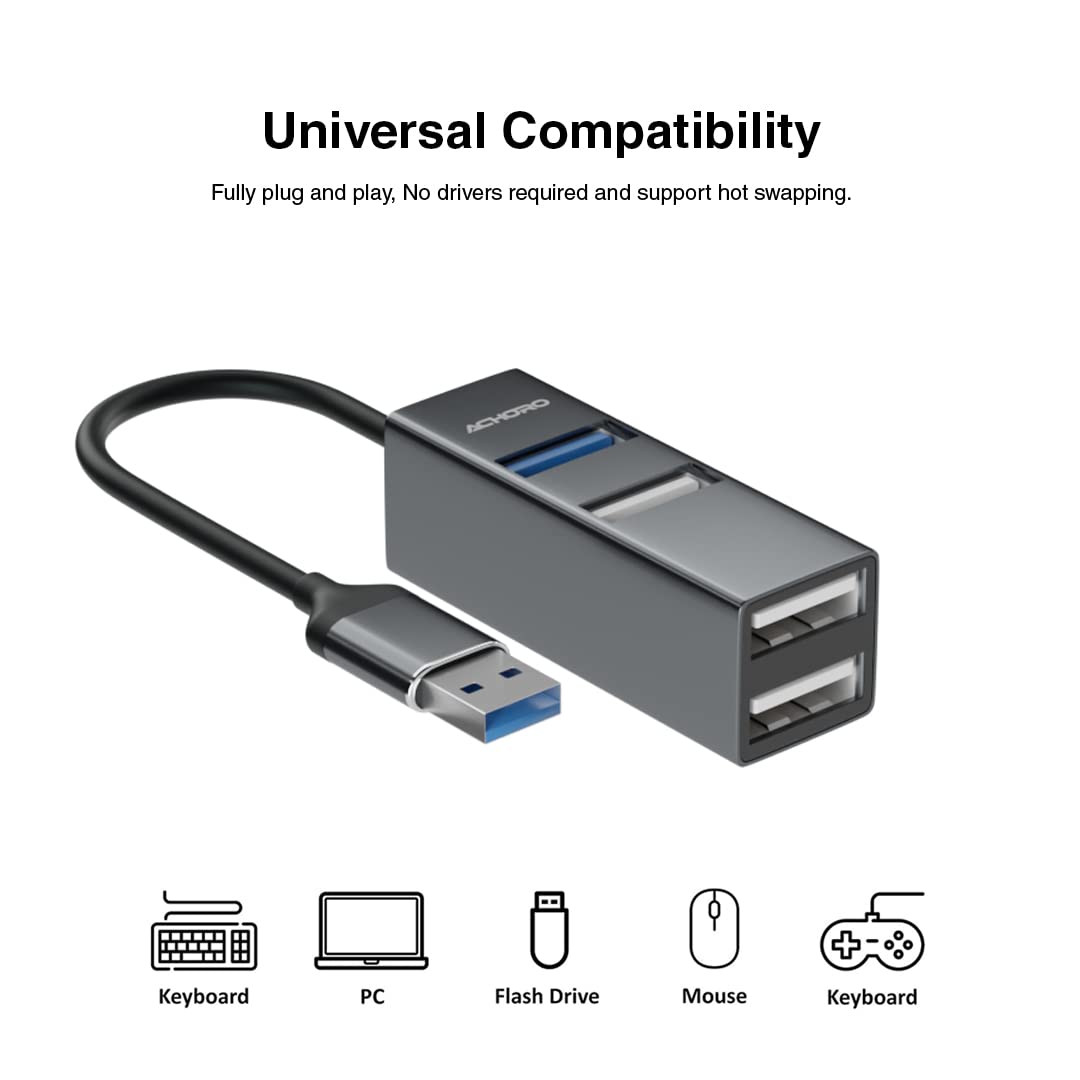 ACHORO 4 Ports Computer USB Hub – Super Speed USB 3.0 & USB 2.0 USB Port Expender - Aluminium Alloy External USB Port for Laptop, Mac, PCs, – Portable Extra USB Port & Mini USB Hub (DARK GRAY USB HUB)