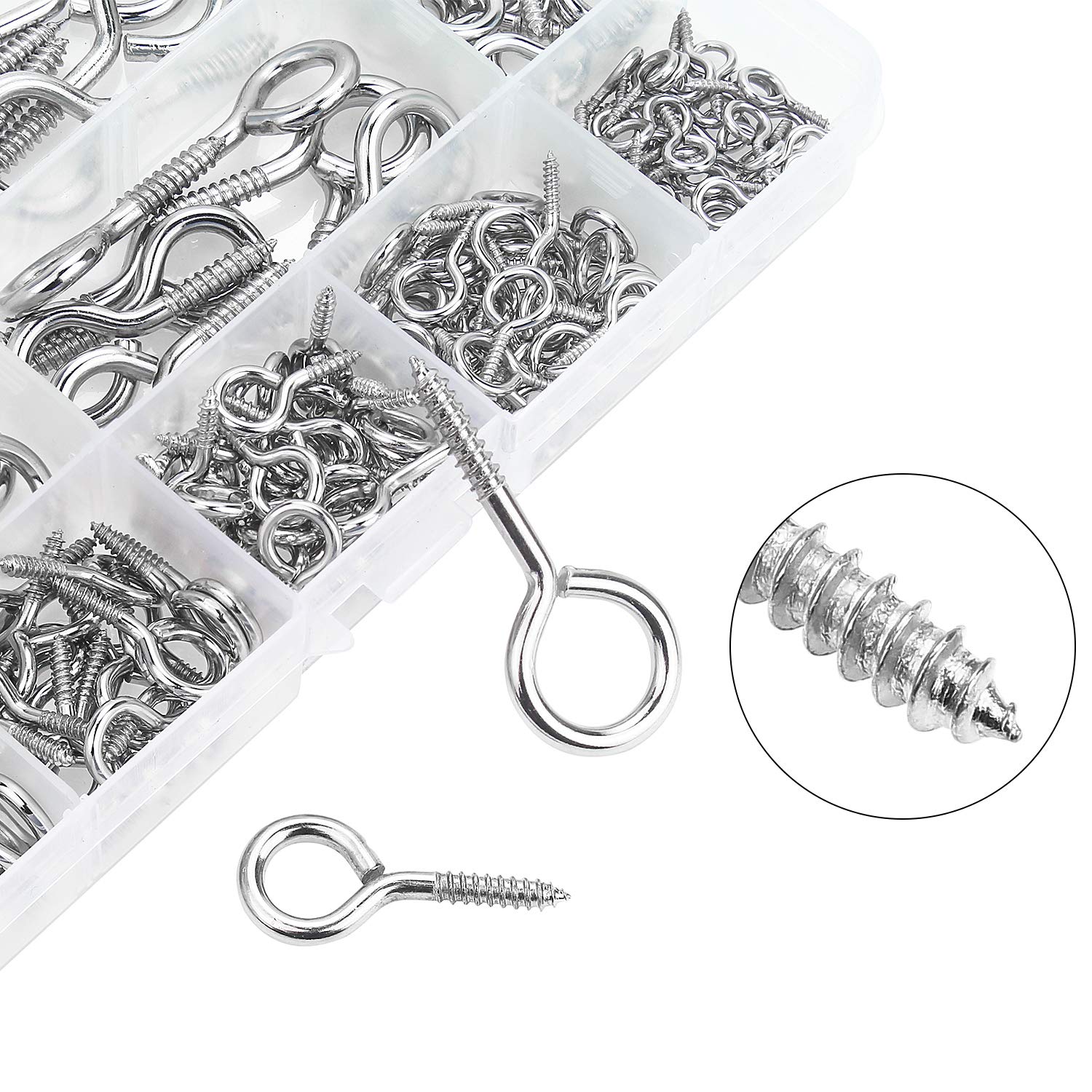 HELIFOUNER 200 Pieces 11 Sizes Nickel Plated Steel Screw Eyes Assortment Kit