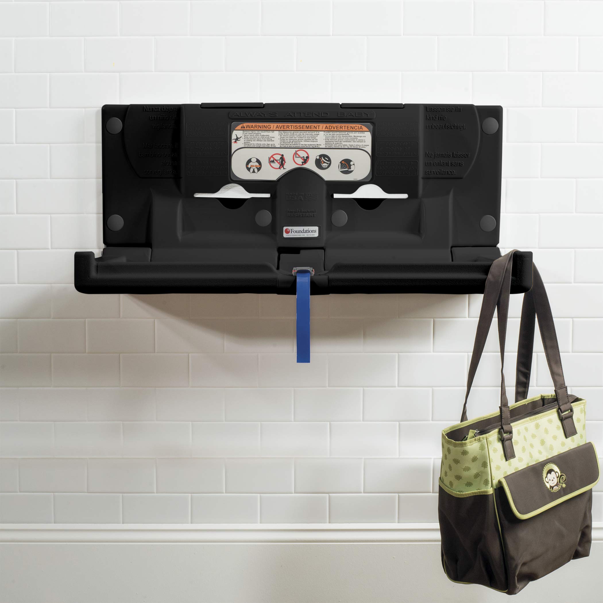 Foundations 100-EH-02 Classic Horizontal Surface-Mounted Baby Changing Station for Commercial Restrooms, Includes Safety Straps and Liner Dispenser, Easy to Clean & Install, Made in The USA (Black)
