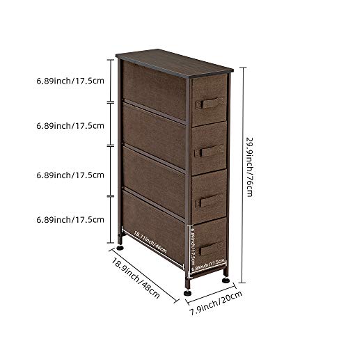 Narrow Dresser, Vertical Storage Unit with 4 Fabric Drawers, Metal Frame, Slim Storage Tower, 7.9" Width, for Living Room, Kitchen, Small Space, Gap (Brown)