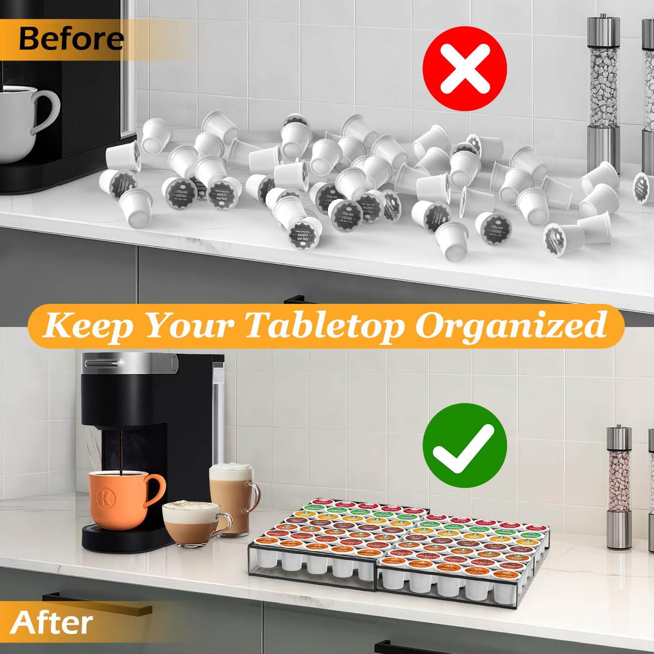 Kssiaz Coffee Pod Holder Drawer, Expandable K Cup Holder Compatible with Keurig K-Cup, K Cup Drawer Organizer Hold 35-70 Coffee Pod Storage for Coffee Station Office and Kitchen, Black