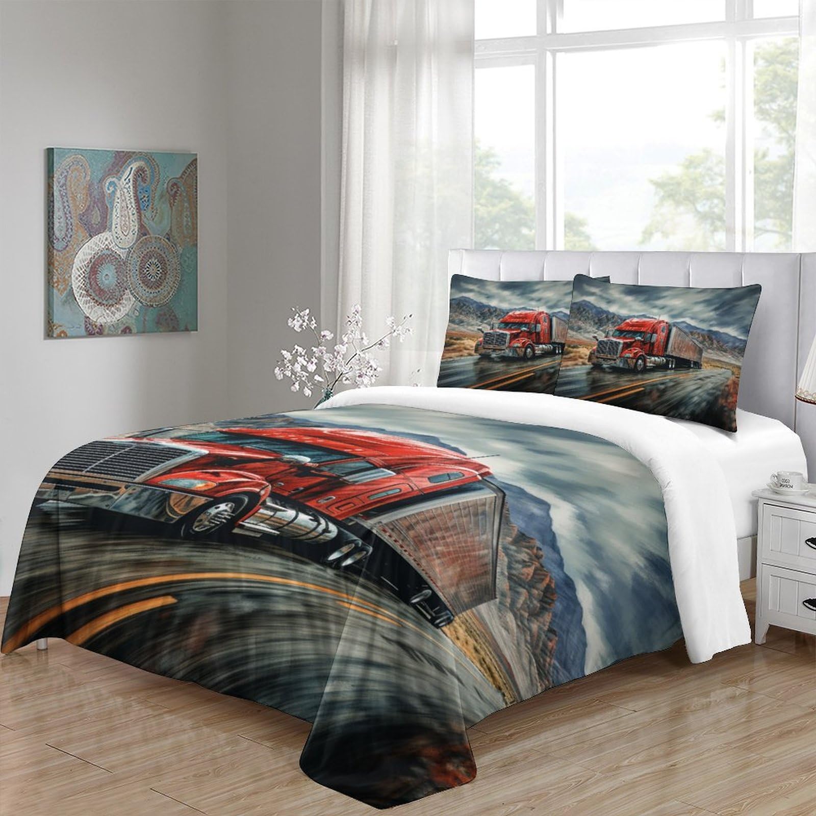 AAHARYA Red Semi-Trailer Quilt Cover 3D Printed Big Truck Bedding Set Comforter Covers Duvet Cover 3 Pieces with Pillowcases for Childrens and Adults Microfiber with Zipper Closure Twin(173x218cm)