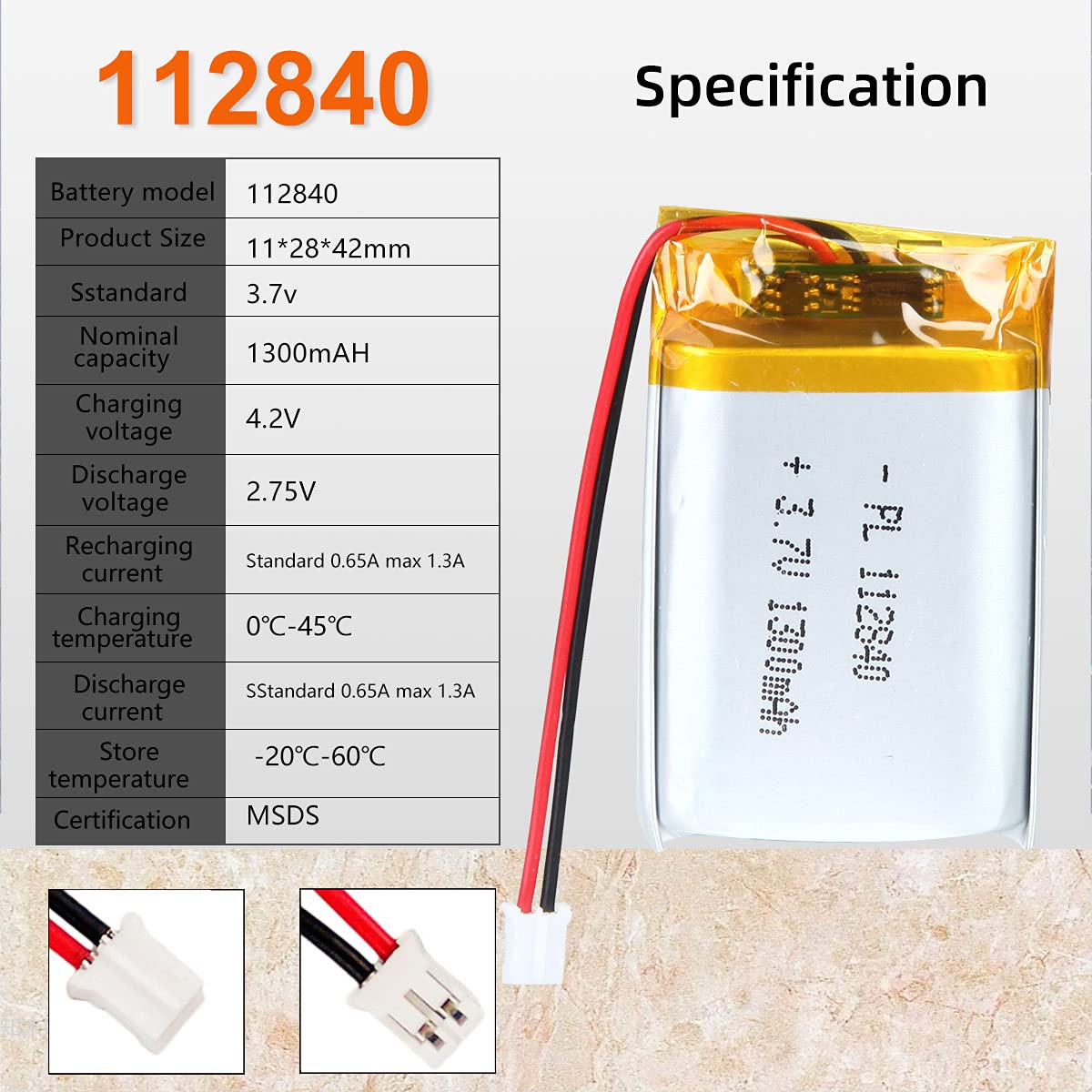 YDL 3.7V 1300mAh 112840 Lipo Battery Rechargeable Lithium Polymer ion Battery Pack with JST Connector