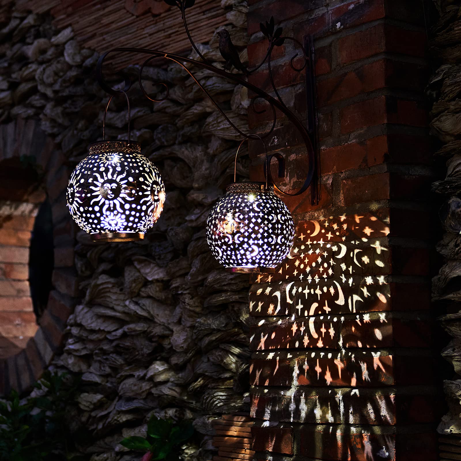 2Pcs Solar Lanterns Outdoor Hanging Garden Lights Decorative Metal Moon Star Sun Solar Lanterns for Table, Patio, Yard, Walkway Decorations Waterproof (Bronze)