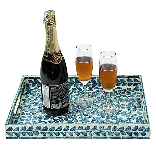 CLAYNIX Serving Tray 15.7" X11.8", Lacquer Mother of Pearl Inlay Mosaic Tray, Rectangle Wooden Marble Tray with Handles Trays for Tea, Breakfast in Bed, Table (Blue)