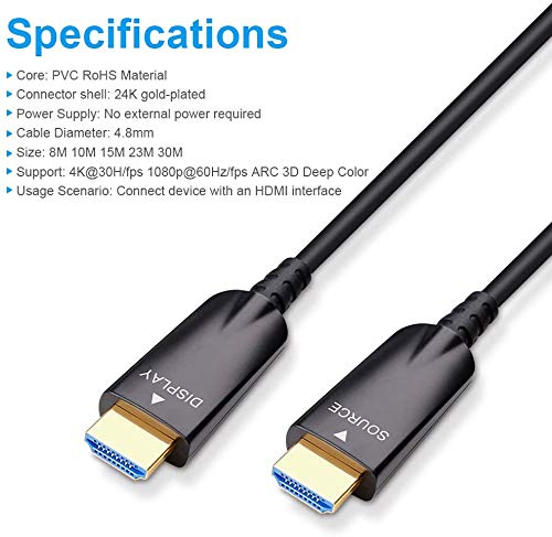 DTech 75ft Fiber Optic HDMI Cable with 4K 30Hz and 1080p 60Hz HD Video 3D ARC HDCP CEC High Speed Supported (75 Feet, Black) compatible with DVD Player, computer monitor, gaming console, TV