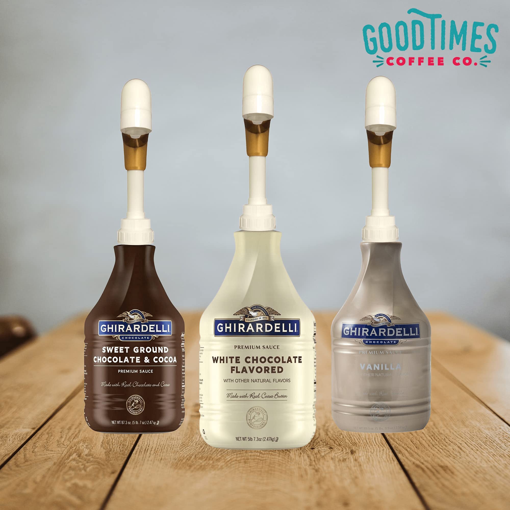 Good Times Coffee Co. Sauce Pump Dispenser for Ghirardelli Bottles, Fits 87.3 to 90.4 Ounce Bottles
