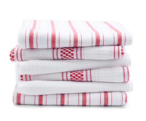 6 Pack Red Cotton Dish Towels for Kitchen - Ticking Stripe Dish Towels - Kitchen Hand Towels - Farmhouse Dish Towels - Red Kitchen Towels Linen - Soft, Highly Absorbent, Hanging Loop, 18”x 28”