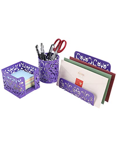 EasyPAG Cute Office Supplies 3 Piece Desk Organizer and Accessories Set - Letter Sorter, Pen Holder,Sticky Notes Holder,Purple