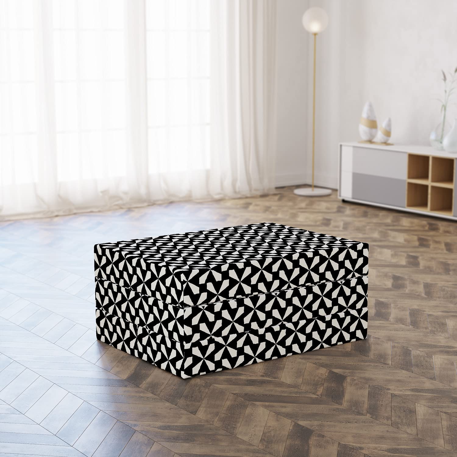 Ambesonne Abstract Foldable Mattress, Monochrome Geometric 70's, 74.8" x 35.4", Eggshell and Dark Brown