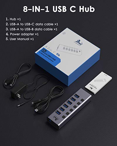 LIONWEI Universal 8-Port Powered USB 3.0/USB C Hub, Aluminum USB Splitter with 6 USB 3.0 Data Ports, SD/TF Card Readers, On/Off Power Switches, AC Adapter