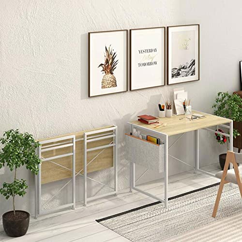 4NM 35.4" Wide Foldable Modern Writing Desk with Fabric Storage Side Catty for Papers and Storage 4 Hooks for Bedroom or Office, White