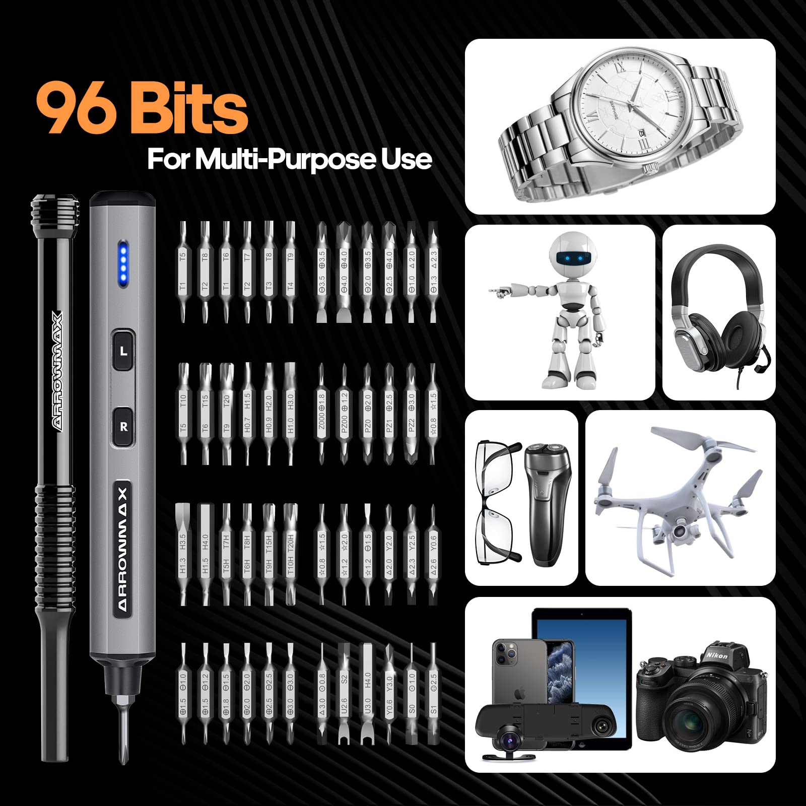 AM ARROWMAX Electric Screwdriver, 102 in 1 Precision Screwdriver Set w/ 96 Magnetic Bits, Red Dot, IF Winning Design, Rechargeable Mini Cordless Screwdriver for Phone, Laptop, Watch, RC (Space Grey)