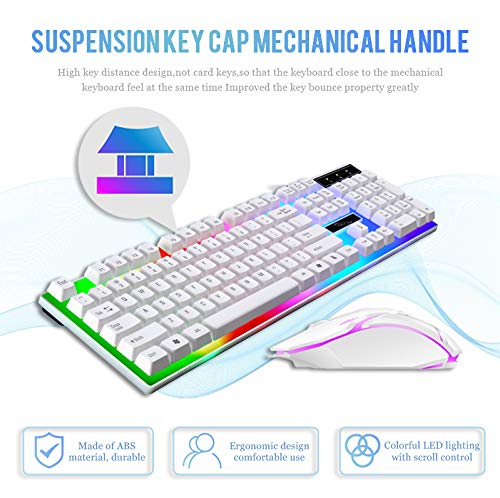 BenRan Wired Gaming Keyboard Rainbow Backlit Mechanical Keyboard Mouse Combo, LED 104 Keys USB Ergonomic Keyboard, Mouse for PC Gamer(White)