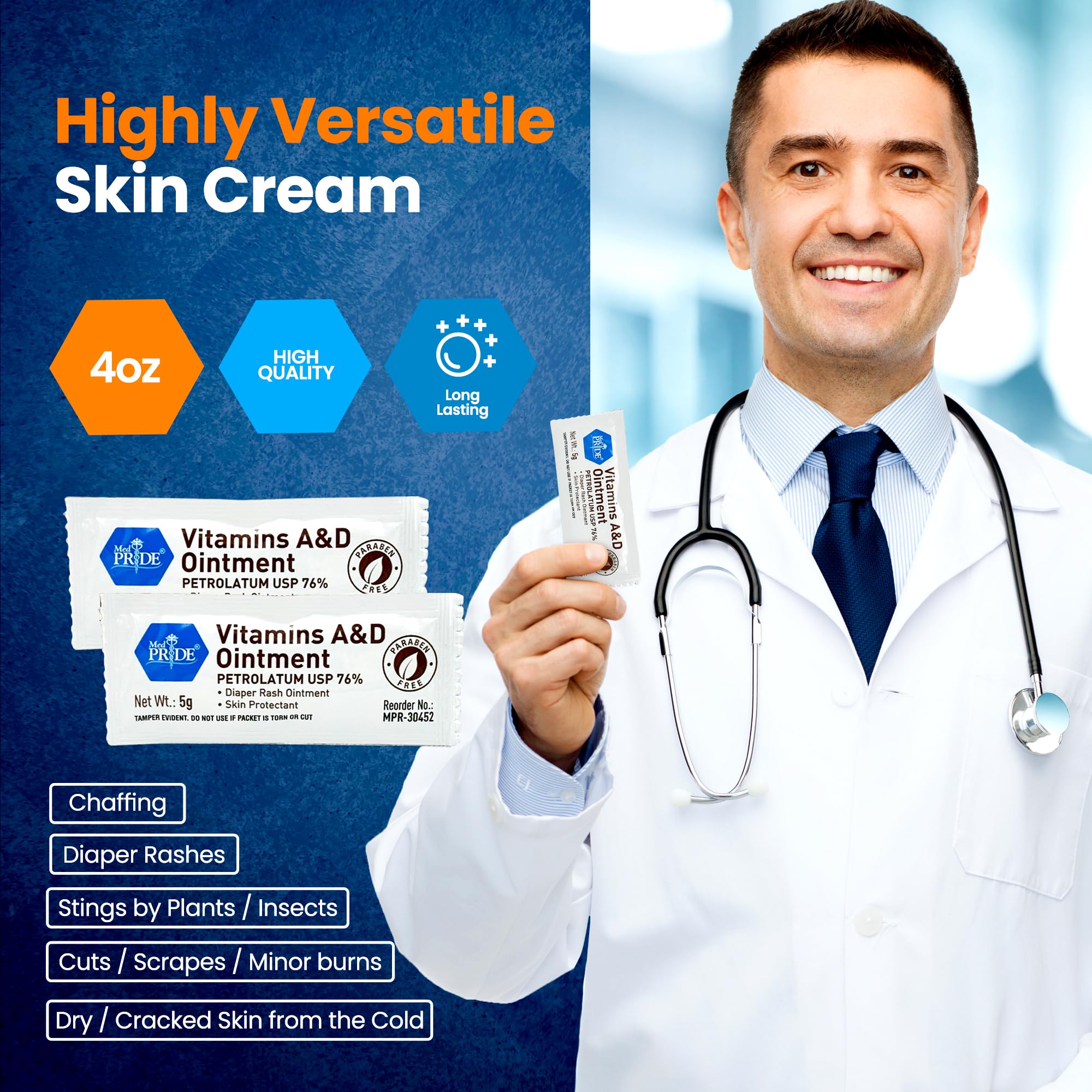 MED PRIDE Vitamins A&D Ointment Diaper Rash Cream Packets Adults AD Skin Protectant 5g Packets 144 Ct Lanolin & Petrolatum for Chafing Cuts Dry Skin