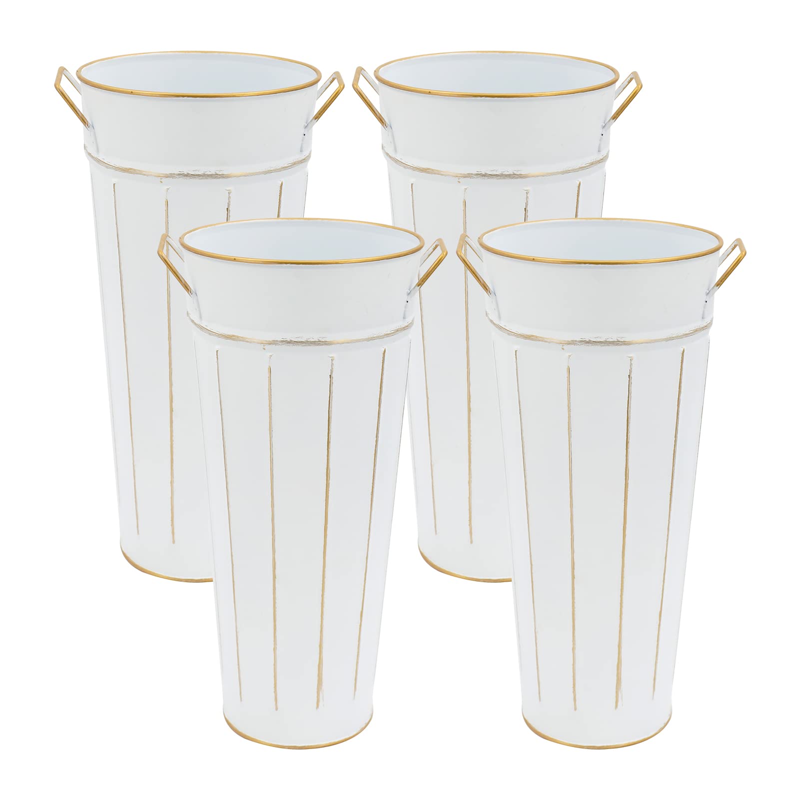 AULESET Galvanized Vase 12" Metal Flower Bucket Tin Vases for Home Decor,Farmhouse,Set of 4,White