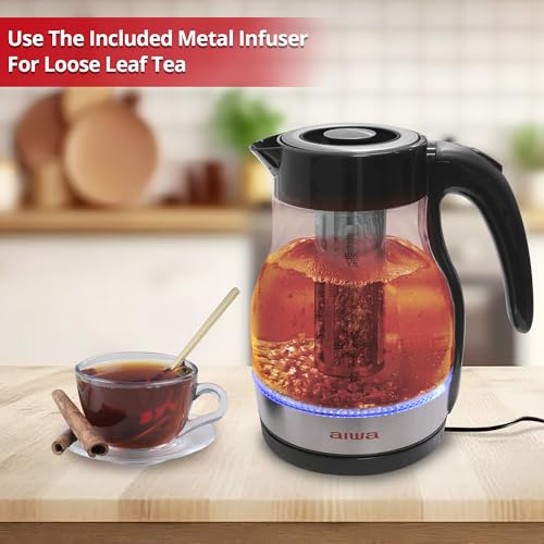 Aiwa 2 in 1 Black Infusion Kettle, Boil and Brew with Removable Stainless Steel Tea Infuser, 7 Cup or 1.7 Liter Capacity, LED Indicator Light, Auto-Shutoff & Boil-Dry Protection, Black