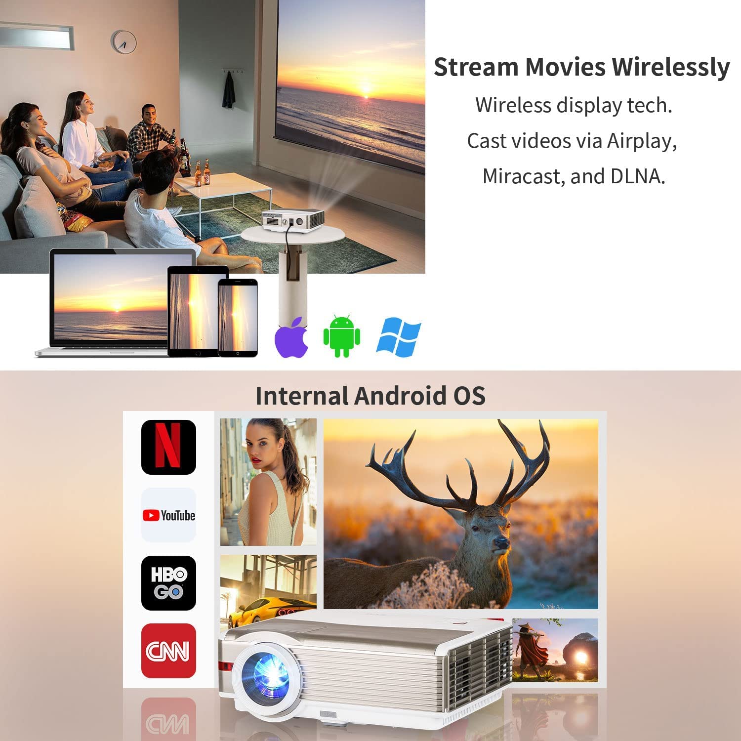 9000L Native 1080p Projector with WiFi Bluetooth, 200'' Display Home Theater Movie Projector Outdoor Indoor Party, Wireless Sync Screen for iOS/Android Phone/Tablets, With 4D Keystone and Zoom