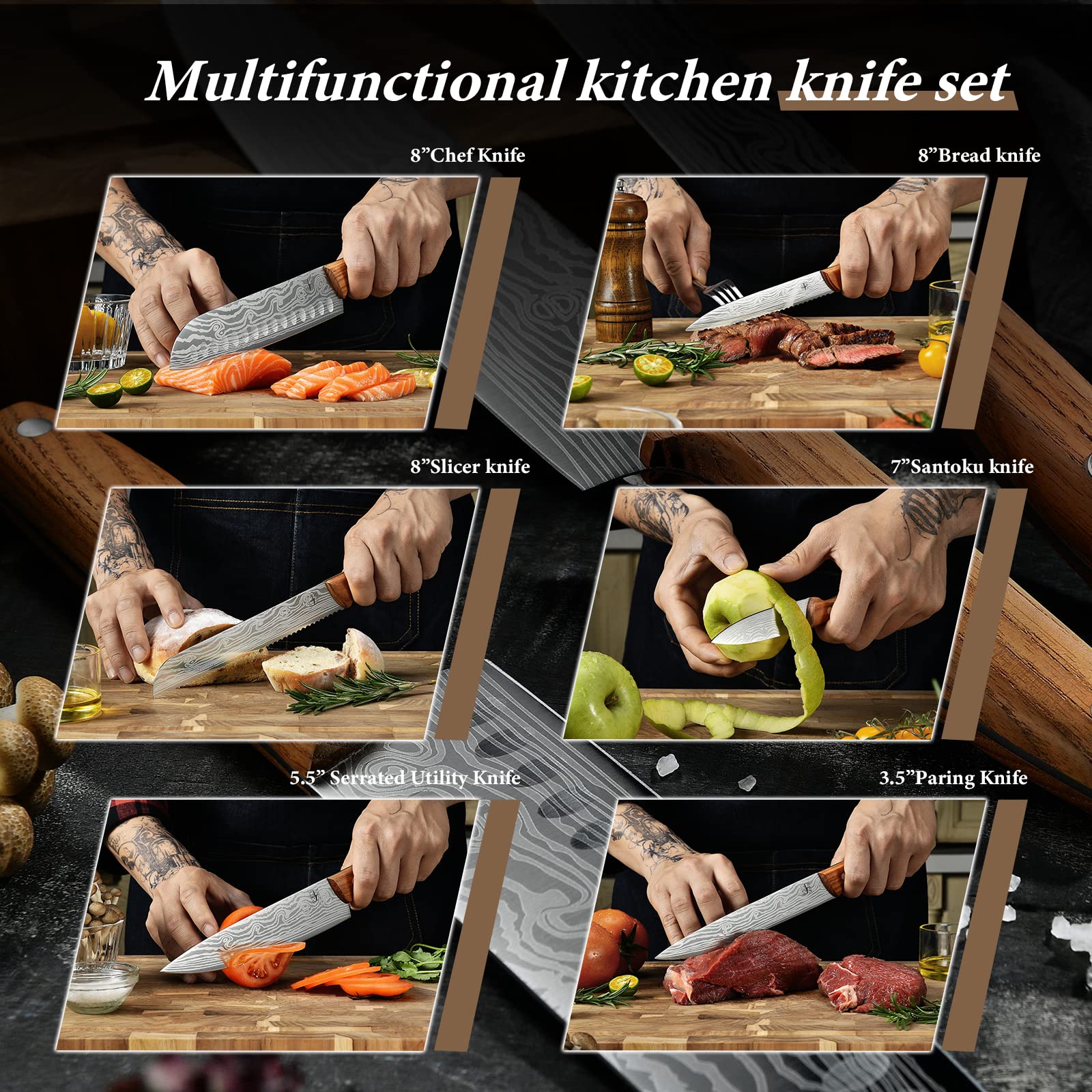 EUNA 6 Pieces Knife Set with Ergonomic ASH Handle, Kitchen Knife with High-Carbon Stainless-Steel Blade, Chef Knife Set with Multiple Sizes for Multipurpose Cooking, Gift Box