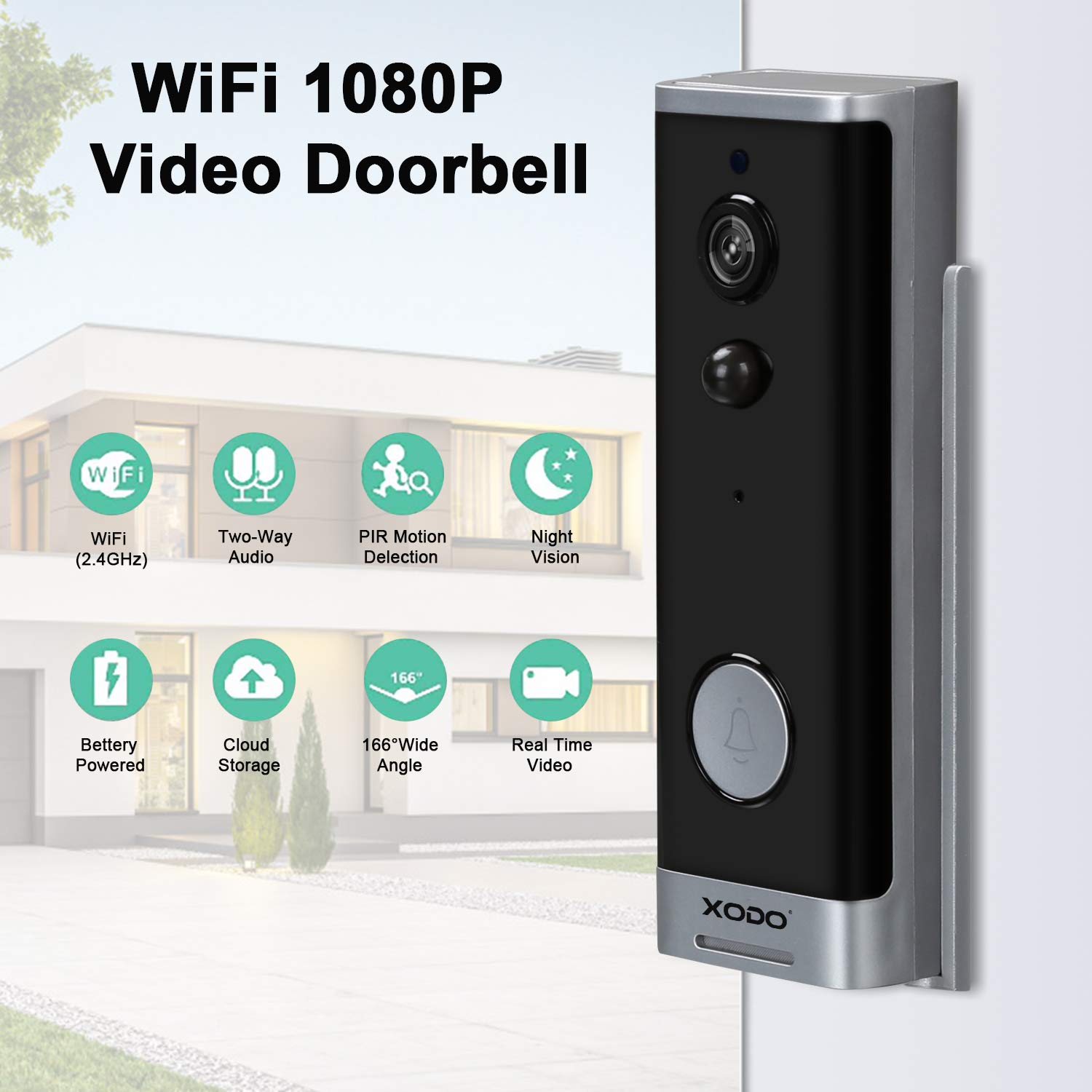 XODO VD1 Smart Home Wireless Security Camera with Night Vision, Waterproof Video Doorbell/WiFi 1080P HD/166°Wide Angel/2-Way Audio/No Monthly Fee/Real-Time Alerts/Rechargeable Batteries