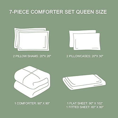 EMME Botanical Floral Comforter Set with Sheets Queen Size 7 Pieces,Brushed Microfiber Bed in a Bag, Ultra Soft and Comfortable Bedding Set for Girls (White Floral, 7-Piece Full/Queen)