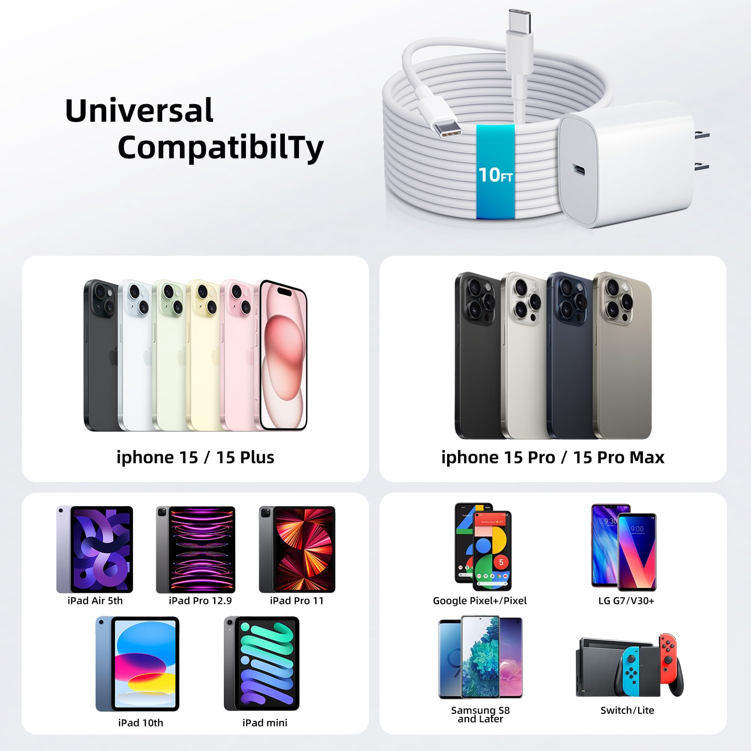 3-Pack 20W USB C Fast Charger for iPhone 15/15 Pro Max Charger for iPad Pro Charger with 10FT USB C to C Cable Fast Charging for iPhone 15 Pro/15 Plus//iPad Mini 6,iPad Air 5/4,iPad Pro 12.9/11/10