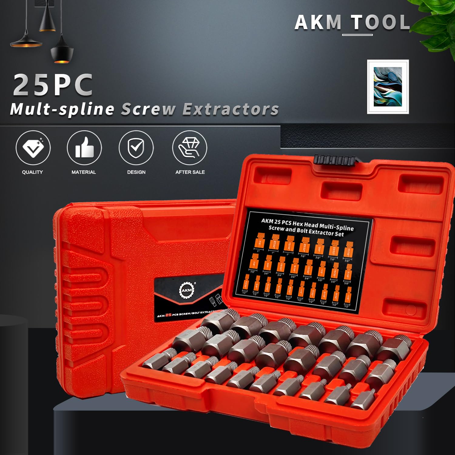 AKM 25Pcs Screw Extractor Set, Hex Head Multi-Spline Easy Out Bolt Extractor Set, Chrome Molybdenum Alloy Steel Rounded Bolt Remover