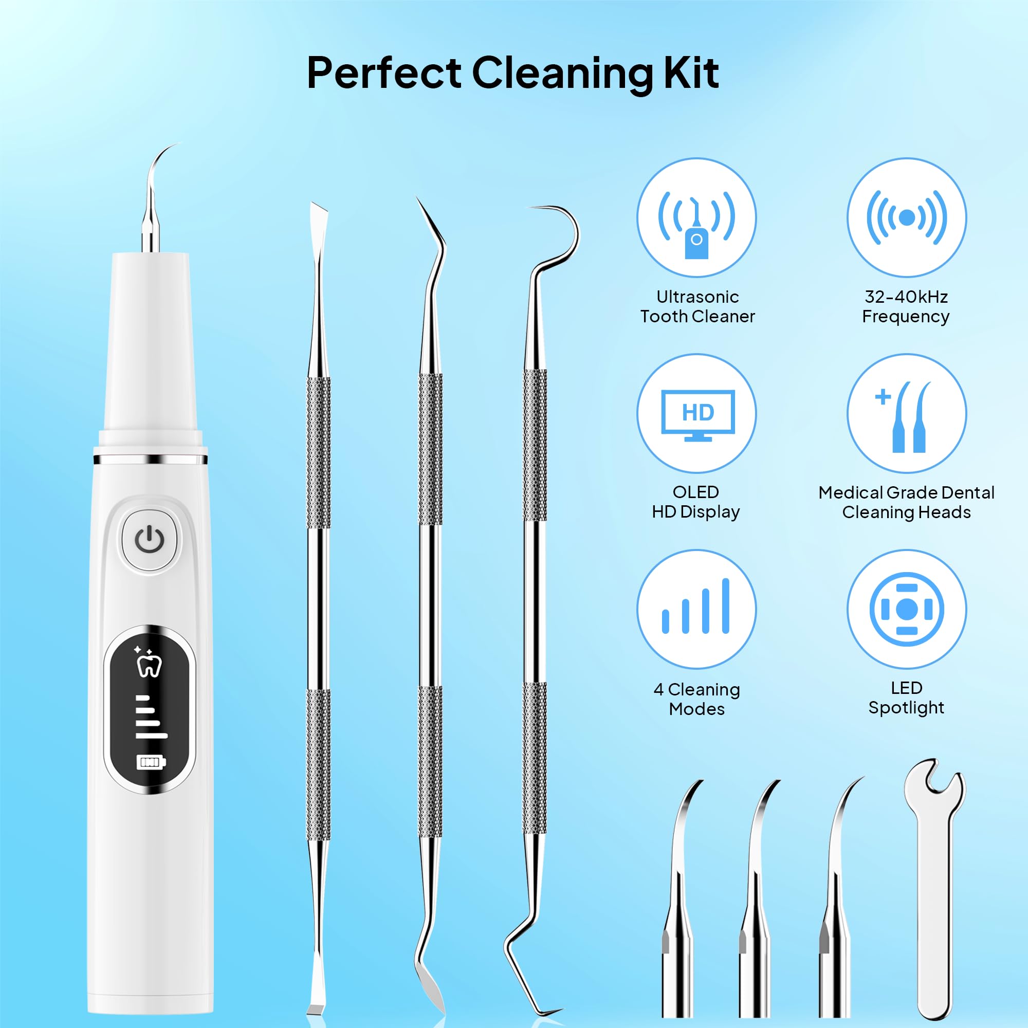 AAU Dog Plaque/Tartar Remover for Teeth - Rechargeable Safe Pets Ultrasonic OLED Screen Tooth Brushing Kit for Canine/Cat/Dog Teeth Cleaning, with Canident Dog Tartar Remover, 3 Replacement Heads