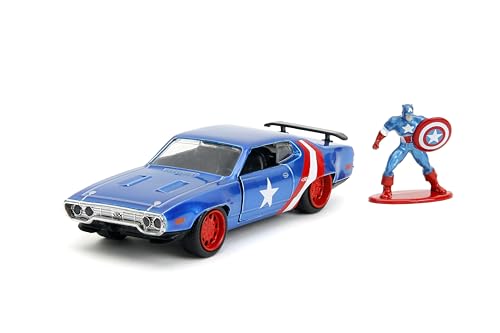Jada 1972 Plymouth GTX Candy Blue with Red and White Stripes and Captain America Diecast Figure The Avengers Hollywood Rides Series 1/32 Diecast Model Car