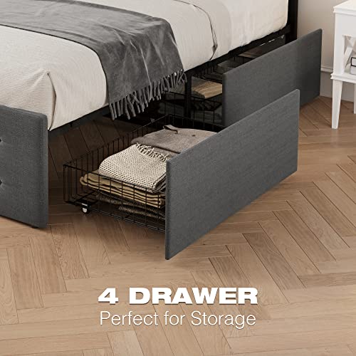 Amyove Queen Bed Frame with 4 Storage Drawers,Fits 8'' 10'' 12" Mattress (Queen (U.S. Standard)), Grey (Bed 0927)